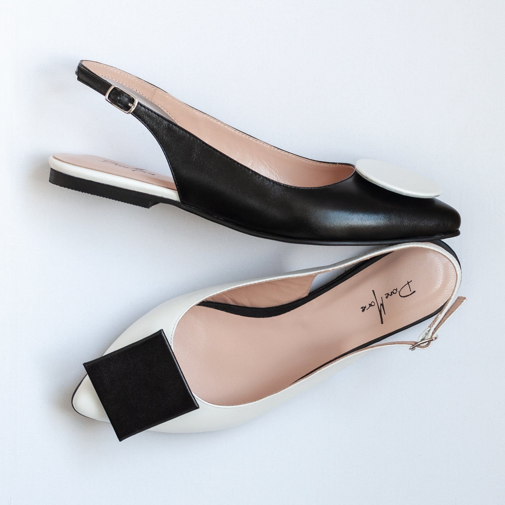 Balerini asimetrici din piele naturala alb cu negru Dee – Pantofi Diane ...